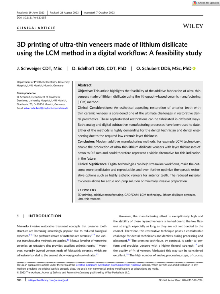 J Esthet Restor Dent - 2023 - Schweiger - 3D printing of ultra‐thin veneers made of lithium ...