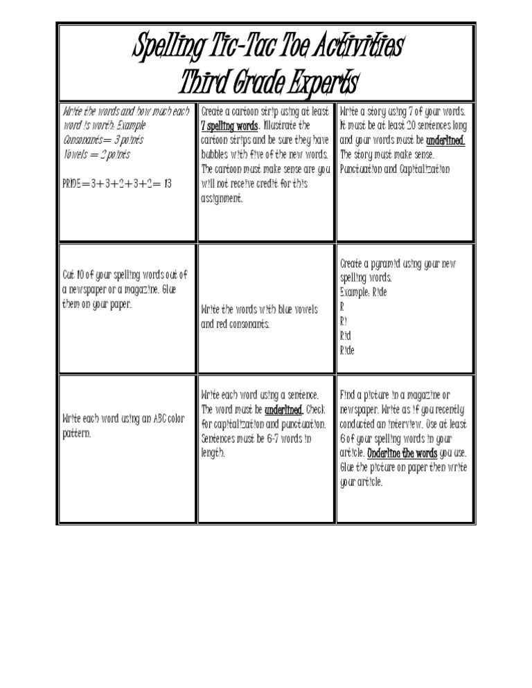 Spelling Tic-Tac Toe Activities Third Grade Experts | PDF