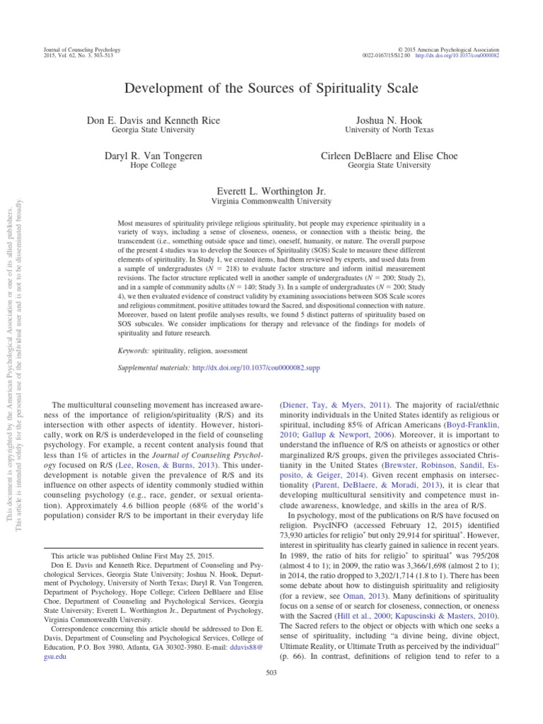 Development of The Sources of Spirituality Scale | PDF | Spirituality ...