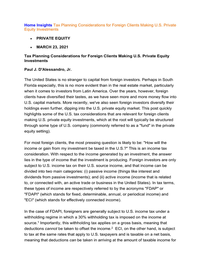 Foreign Investments in US PE | PDF | Income Tax | Taxes