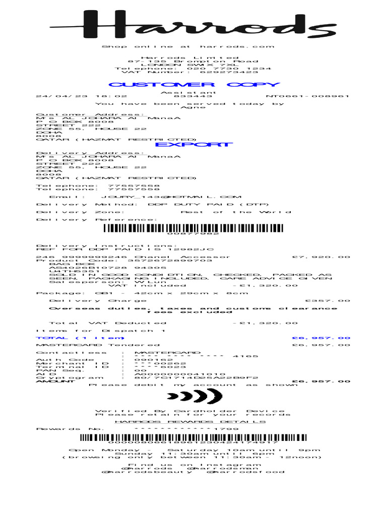 Harrods Online Purchase Receipt | PDF