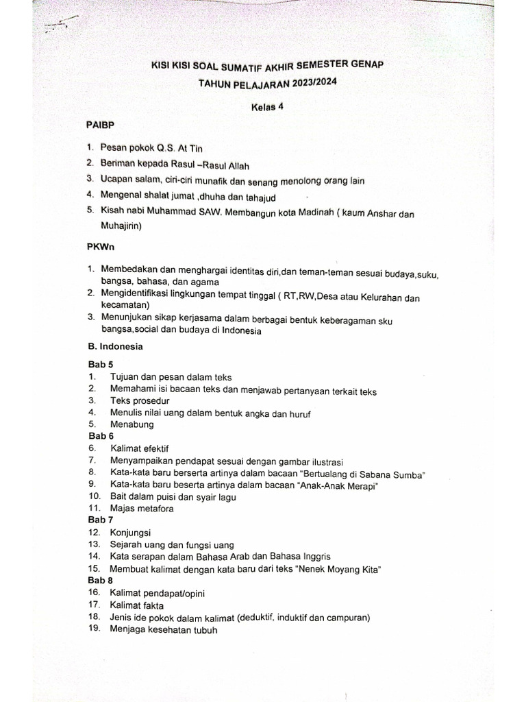 Kisi-Kisi Soal Sumatif Akhir Semester Genap Tahun 2023-2024 | PDF