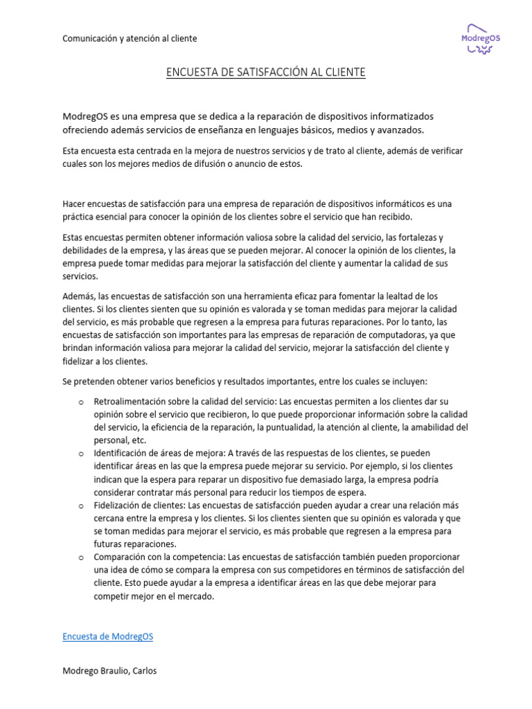 Encuesta de Satisfacción Al Cliente - Modrego, Carlos | PDF | Business ...