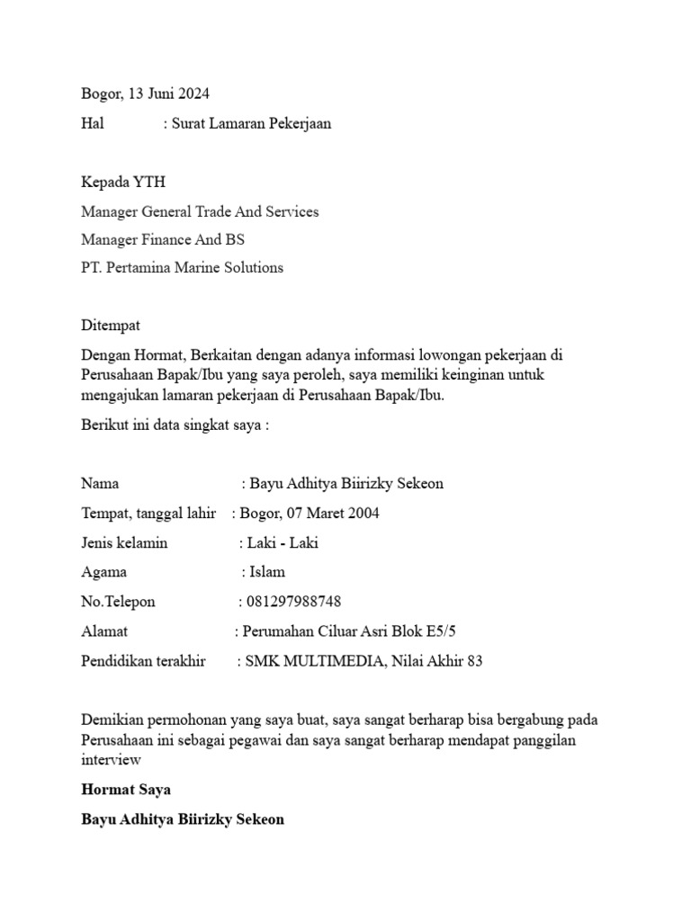 Berkas Lamaran Pt. Pertamina Marine Solutions - Bayu Adhitya Biirizky Sekeon | PDF