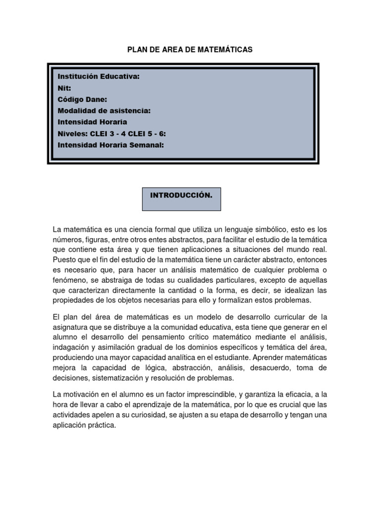 Plan de Area Matematicas | Descargar gratis PDF | Evaluación | Números
