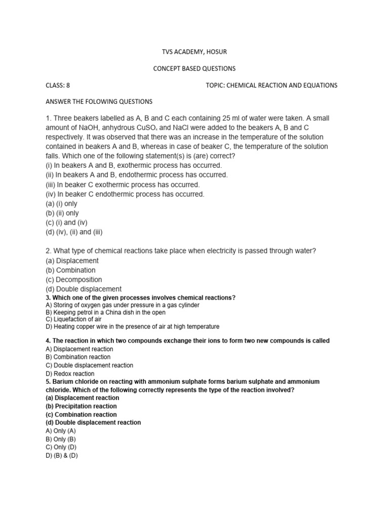 Grade 8 Concept Based Questions - Chemical Reaction and Equations | PDF ...