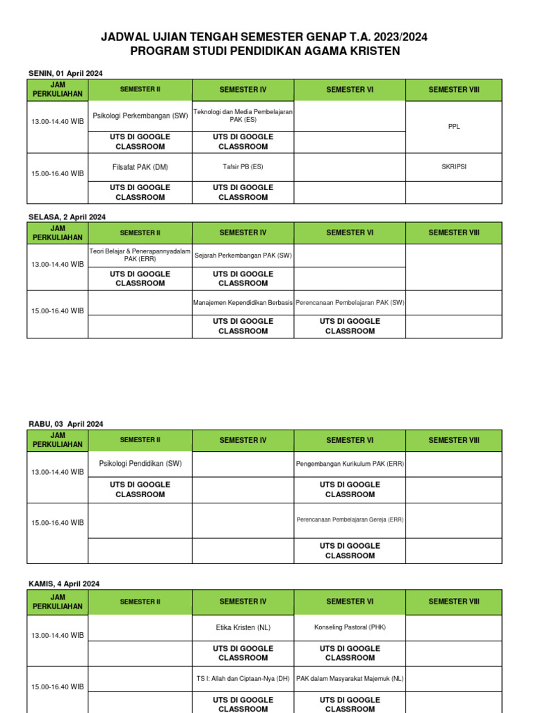 Jadwal UTS PAK GENAP 2024-1 | PDF