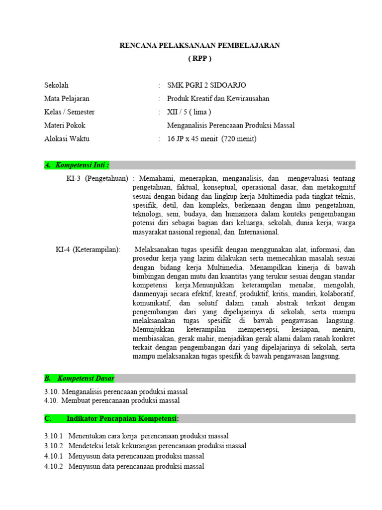 RPP Produksi Massal untuk SMK Multimedia | PDF