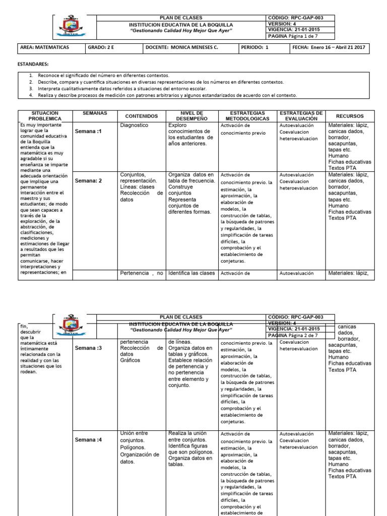 Plan de Clases de 1 Matematicas | PDF | Sustracción