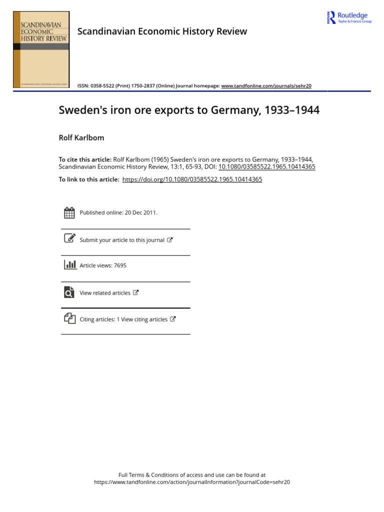 Sweden S Iron Ore Exports To Germany 1933 1944 | PDF | Sweden | Nazi ...