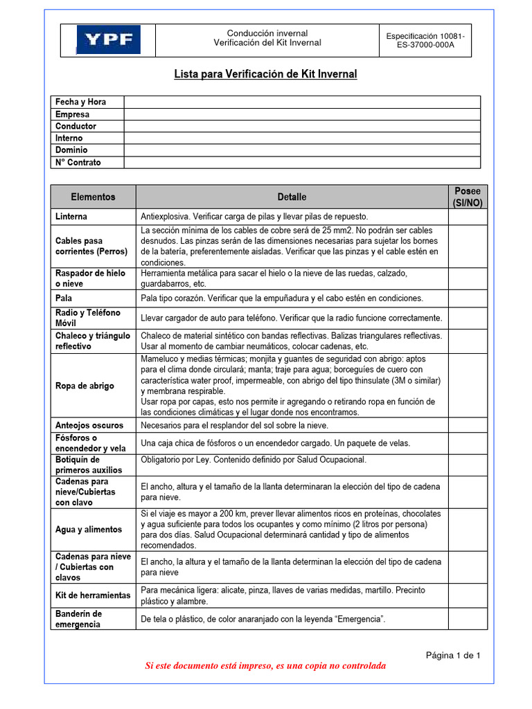 Check List Del Kit Invernal YPF | PDF