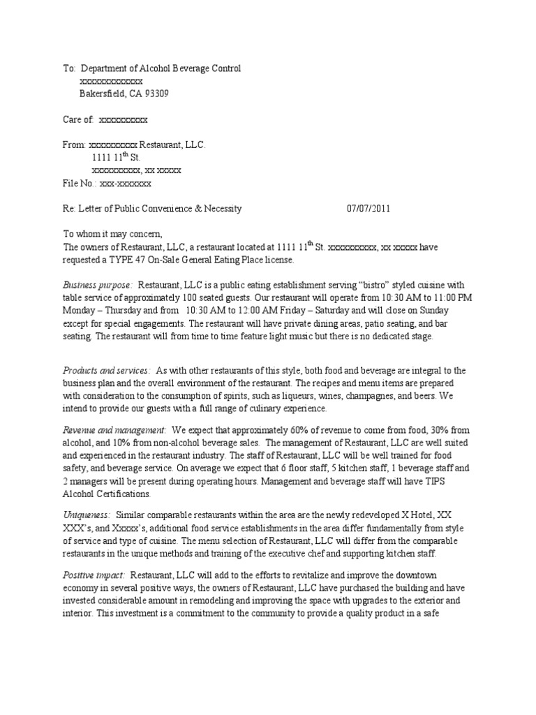 Generic Letter of Public Convenience Necessity | PDF | Restaurants | Drink