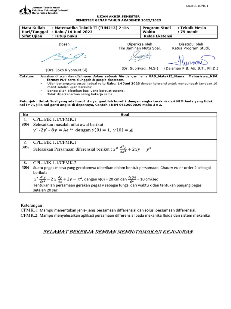 Uas Matek 2 2022-2023 - J. Riyono-Tm | PDF | Sains & Matematika | Teknologi & Rekayasa