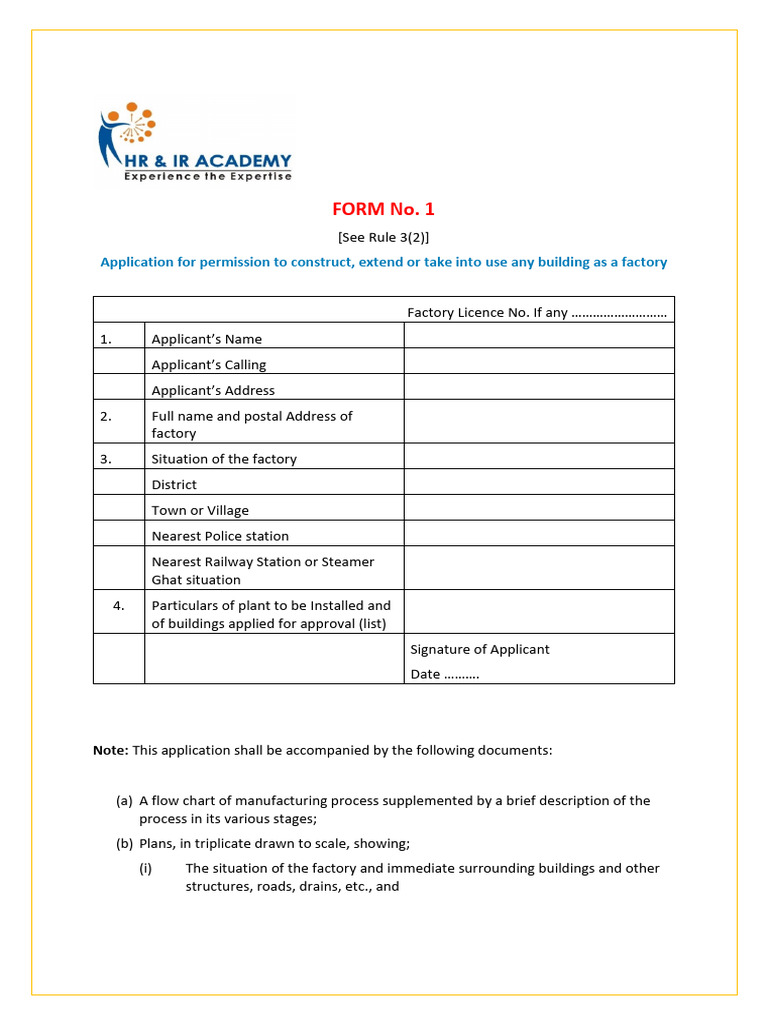 Form No. 1 Application For Permission To Construct, Extend Or Take Into ...