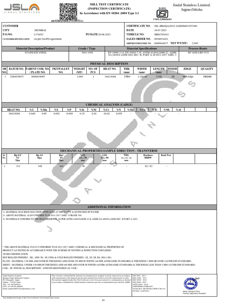 Jindal 304 Stainless Steel Test Certificate | PDF | Stainless Steel ...