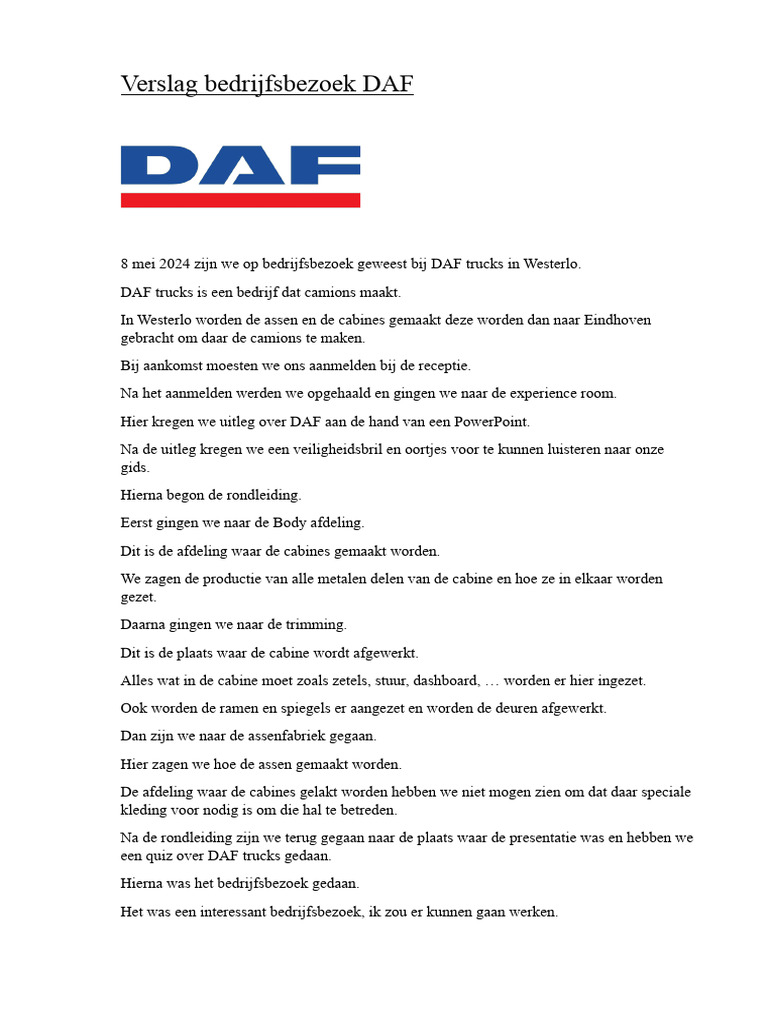 verslag bedrijfsbezoek daf | PDF