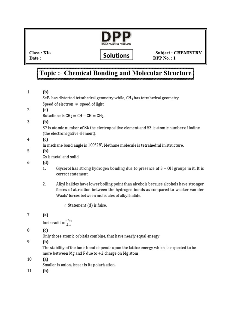 DPP - 1 chemical bonding_molecular structure Solutions | Download Free PDF | Ionic Bonding ...