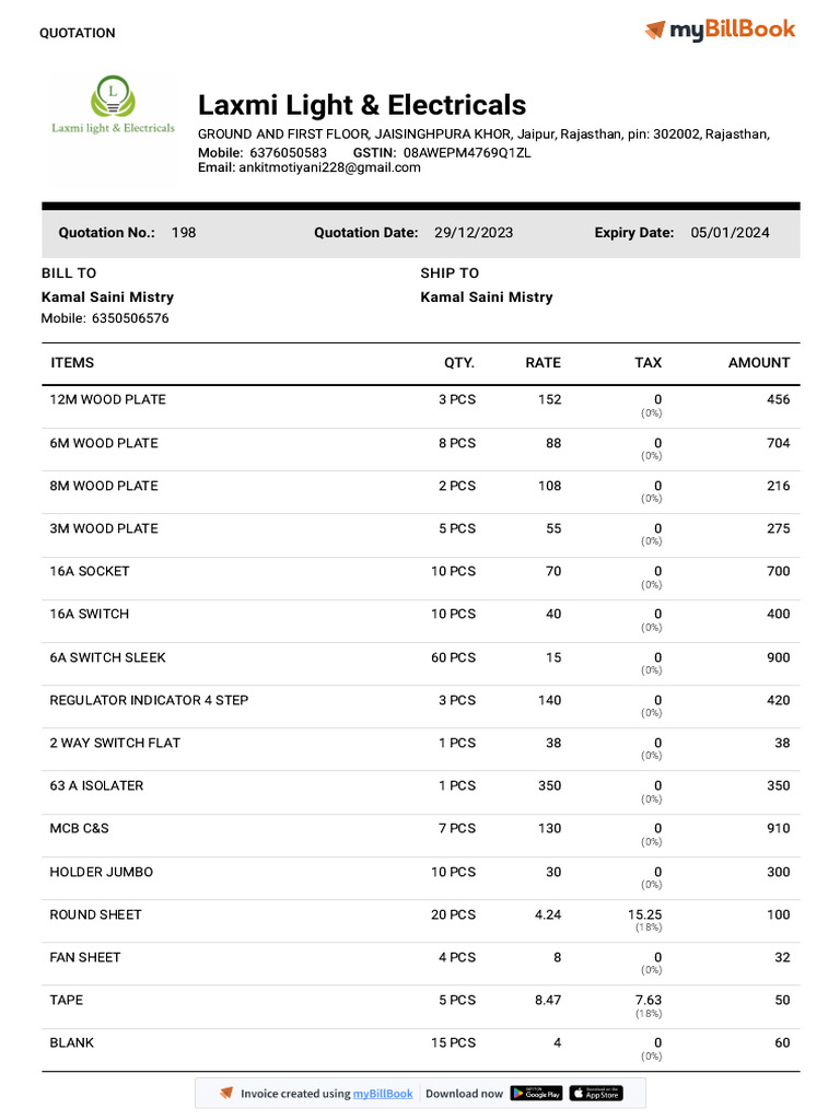 Electrical Supplies Quotation | PDF | Taxes | Government Finances