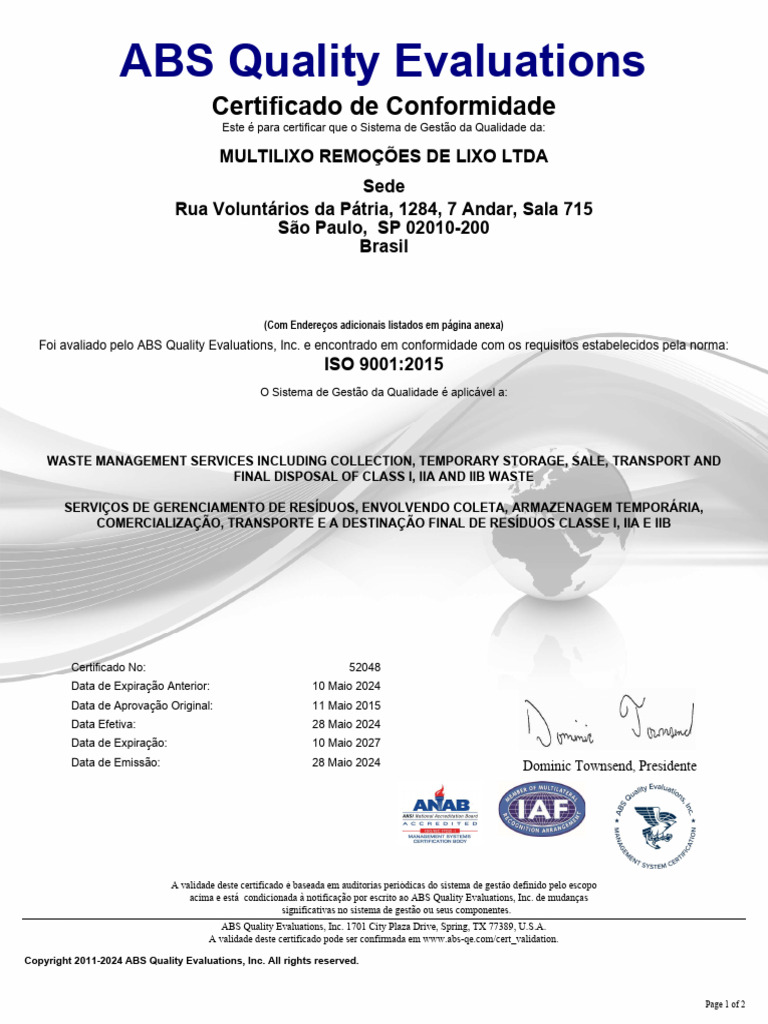 Multilixo - Abs Quality - Certificado Iso 9001-2015 - Val. 10-05-2027 | PDF | Gestão de qualidade