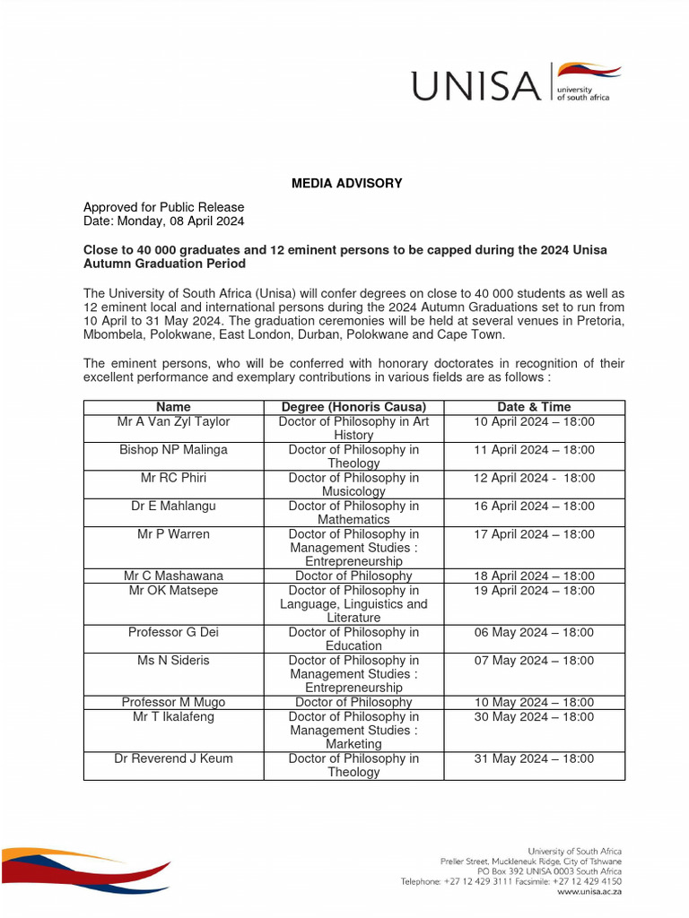 Unisa 2024 Autumn Graduation Details | PDF | Academic Degree | Doctoral ...