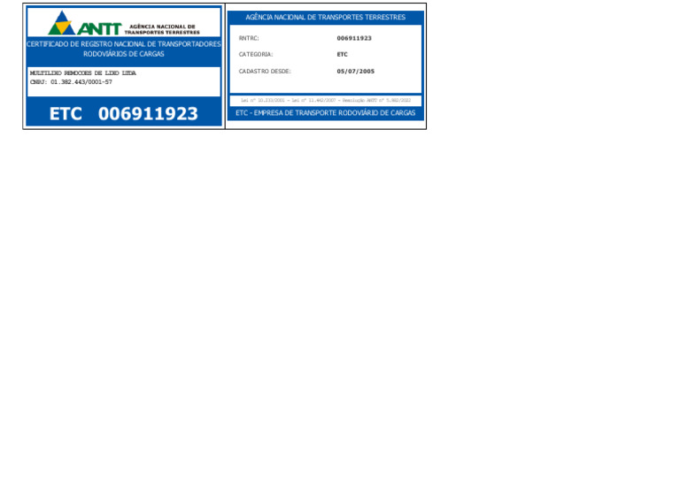 Multilixo - Antt - Certificado de Registro Nacional de Transportadores Rodoviários de Cargas ...