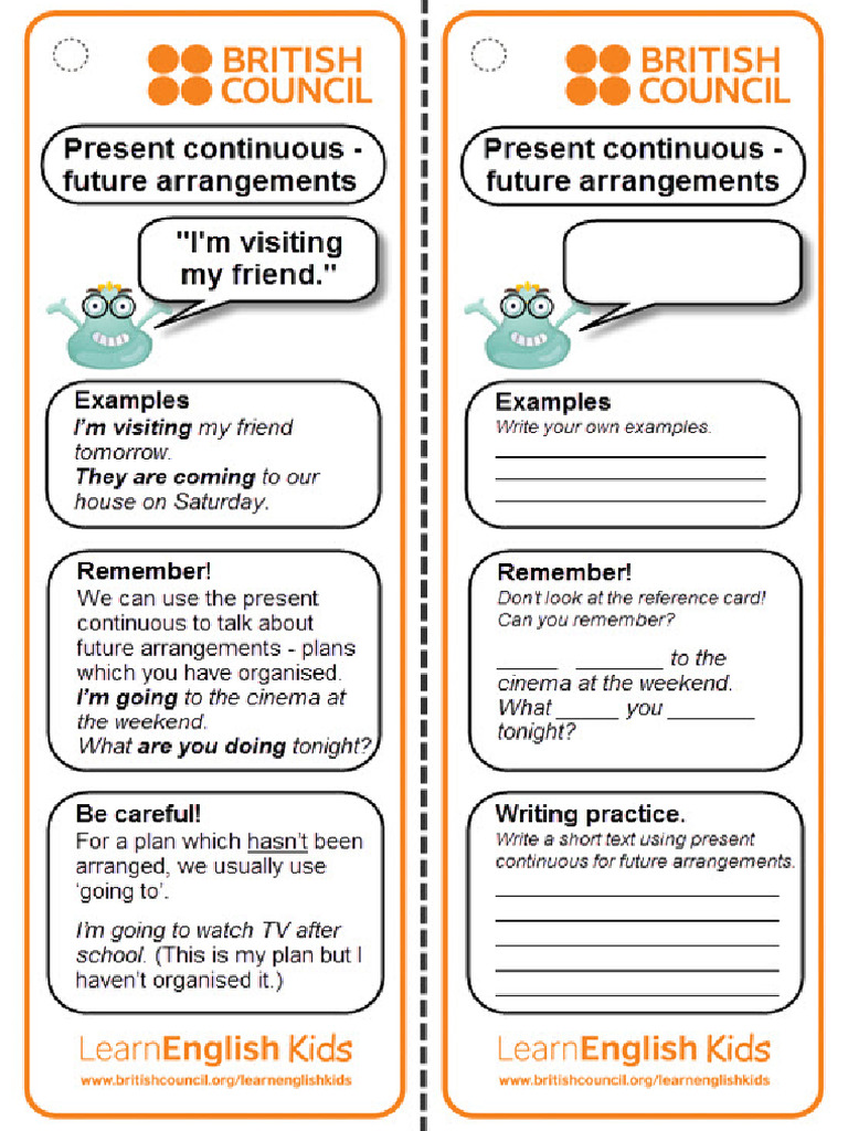 Grammar Practice Reference Card Present Continuous Future Arrangements ...