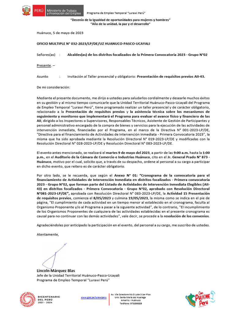 OFICIO MULTIPLE #032-2023 Invitación Al Taller Presencial de Presentación de Requisitos Previos ...