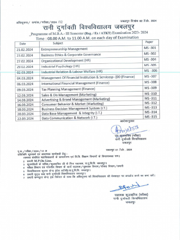 RDVV Mba III Sem Time Table 2024 | PDF