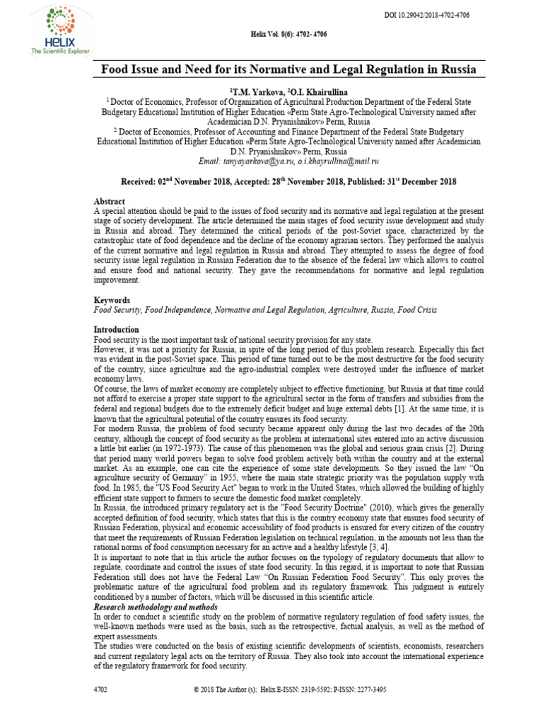 Food Issue and Need For Its Normative and Legal Regulation in Russia ...