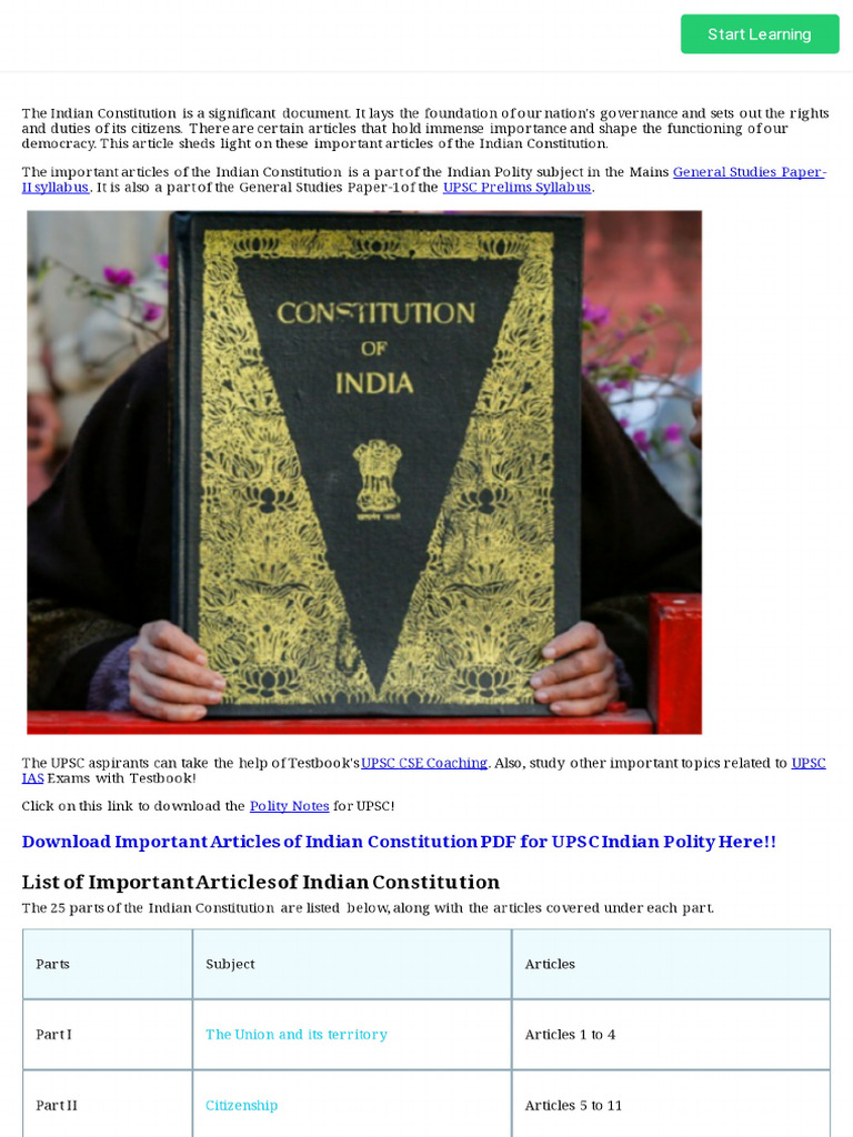 Important Articles of Indian Constitution - List & Detailed Info | PDF