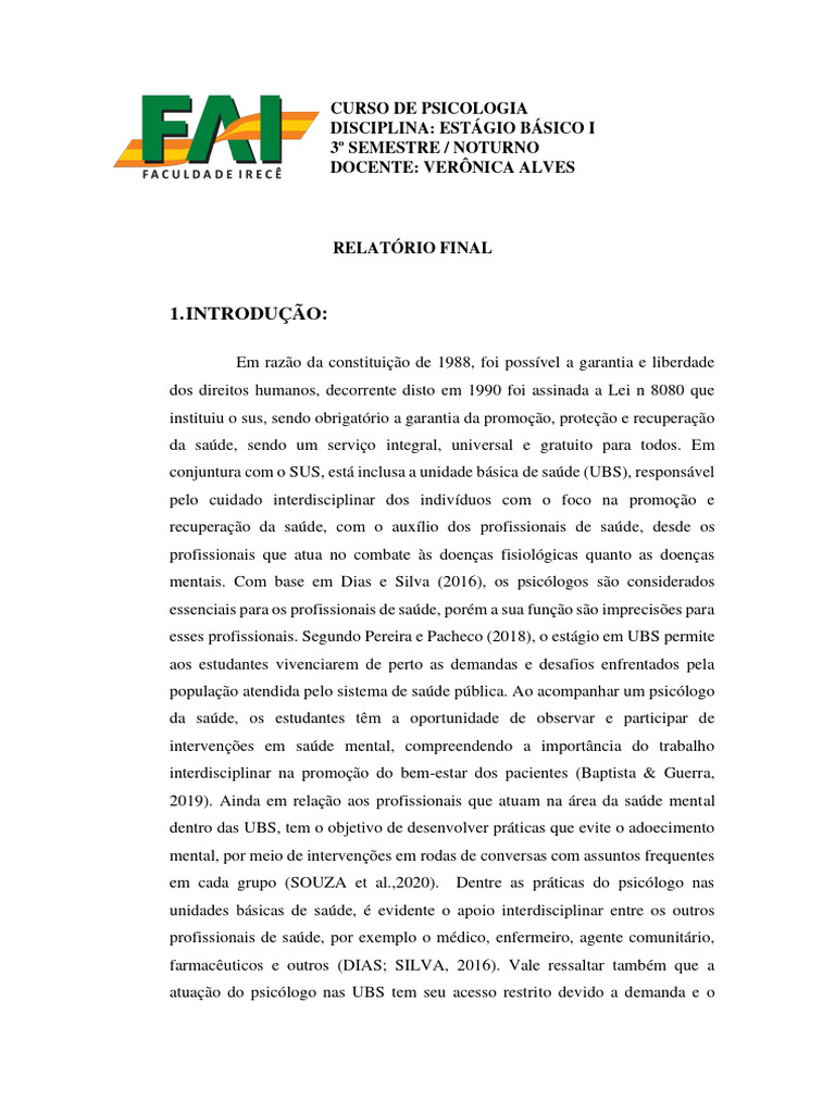 Práticas de Psicologia nas UBS: Relatório Final | PDF | Psicologia ...