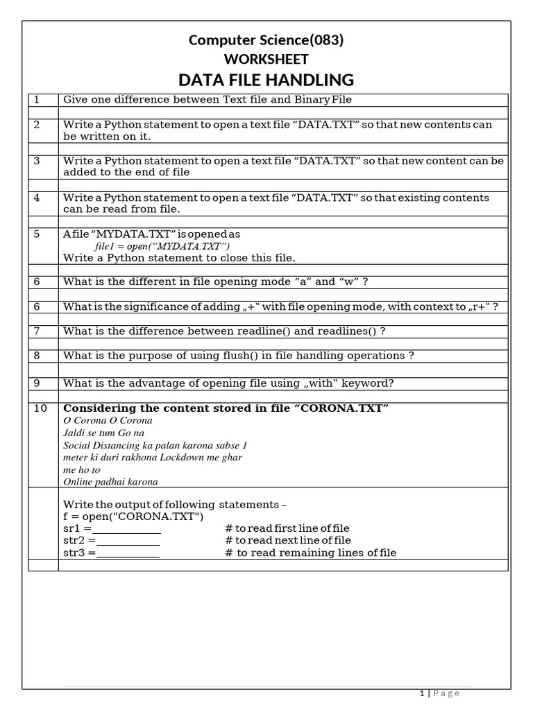 CS Data File Handling SLW | PDF | Text File | String (Computer Science)