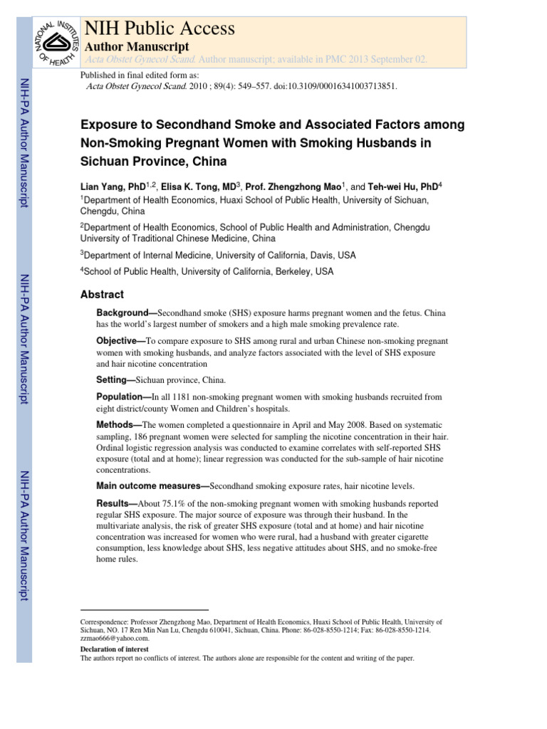 Exposure To Secondhand Smoke and Associated Factors Among Non Smoking Pregnant Women With ...