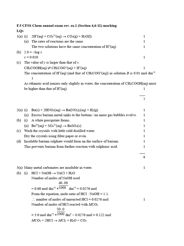 F.5 CFSS Chem Annual Exam Rev. Ex.1 (Section 4,6-11) Marking | PDF | Intermolecular Force | Mole ...