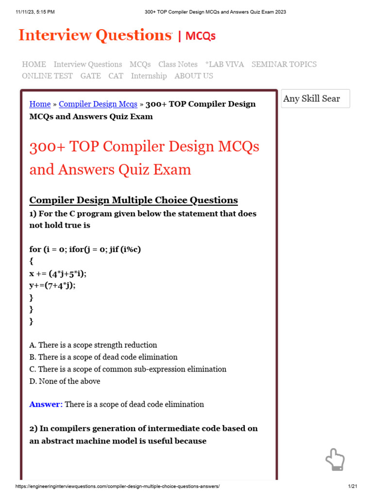 300+ TOP Compiler Design MCQs and Answers Quiz Exam 2023 | PDF | Parsing | Compiler