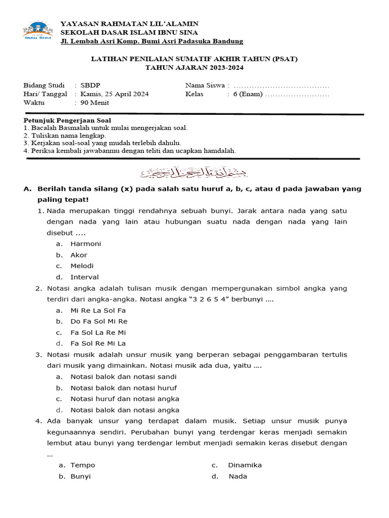 Kelas 6 - Semester 2 - Soal Psat SBDP | PDF | Seni