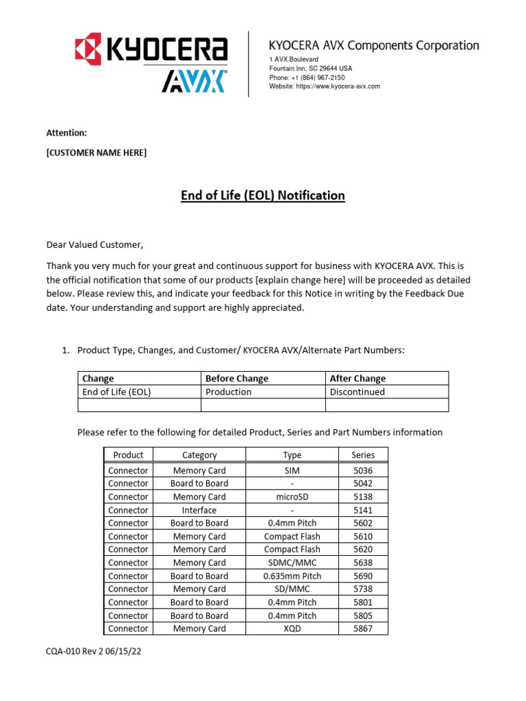 Kyocera AVX EOL Notification for Connectors | PDF | Electrical ...