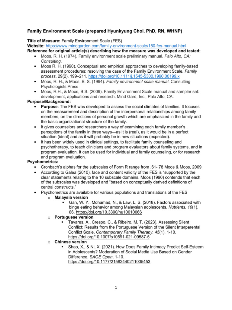 Family Environment Scale FES Final. Choi | PDF | Psychotherapy ...