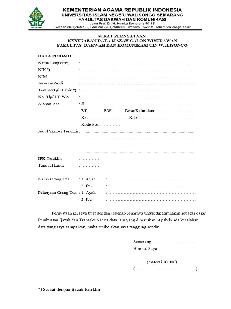 Surat Pernyataan Kebenaran Data Dalam Ijazah Calon Wisudawan | PDF