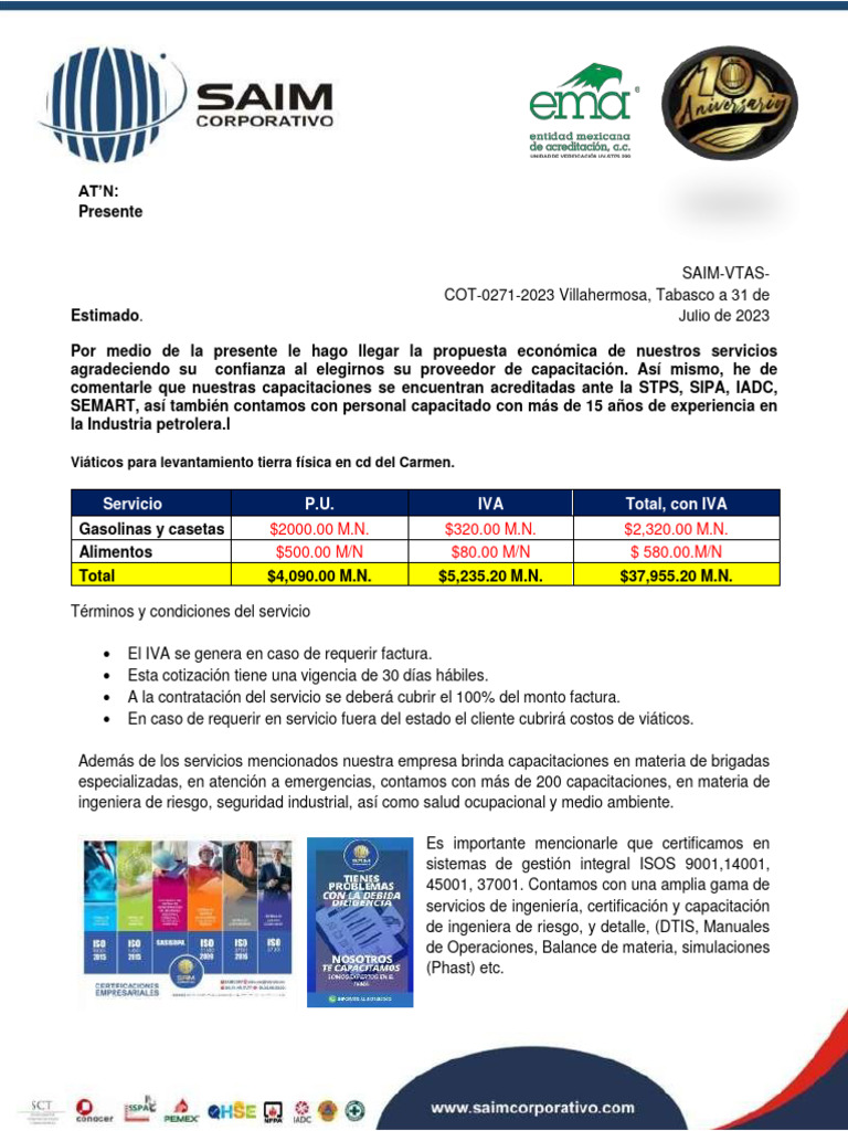 SAIM VTAS COT 271 2023 - Cotizacion Viaticos | PDF | Economias | Business