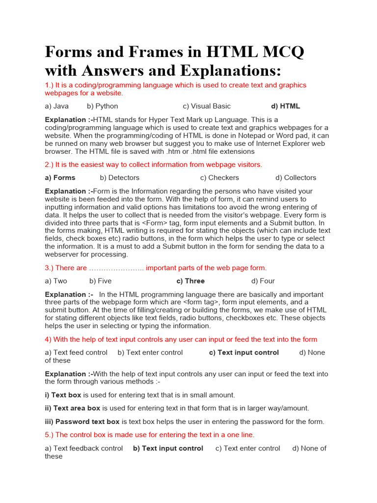 Forms and Frames in HTML MCQ With Answers and Explanations | PDF ...