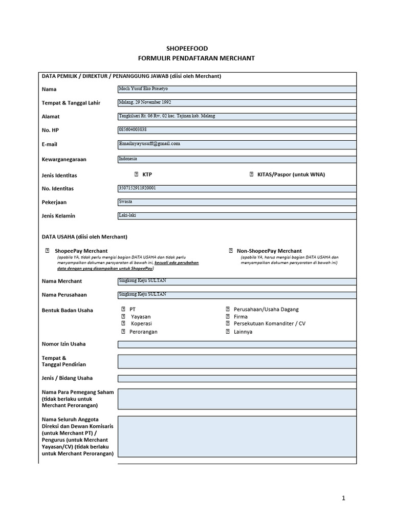ShopeeFood - Merchant Registration Form - Blank | PDF