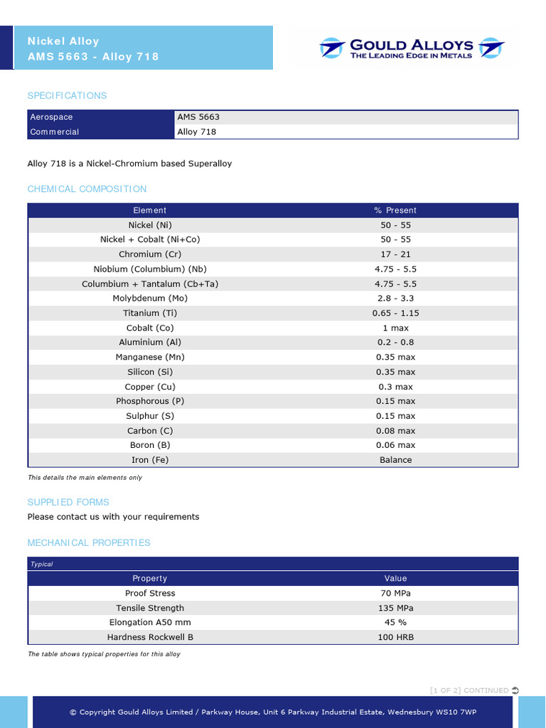 Gould Alloys Limited - Nickel Alloy AMS 5663 Alloy 718 - 449 | PDF | Alloy | Atoms