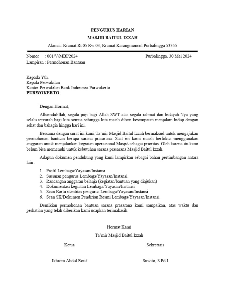 Surat Permohonan Bantuan Masjid Baitul Izzah | PDF Surat Permohonan Bantuan Masjid Baitul Izzah | PDF