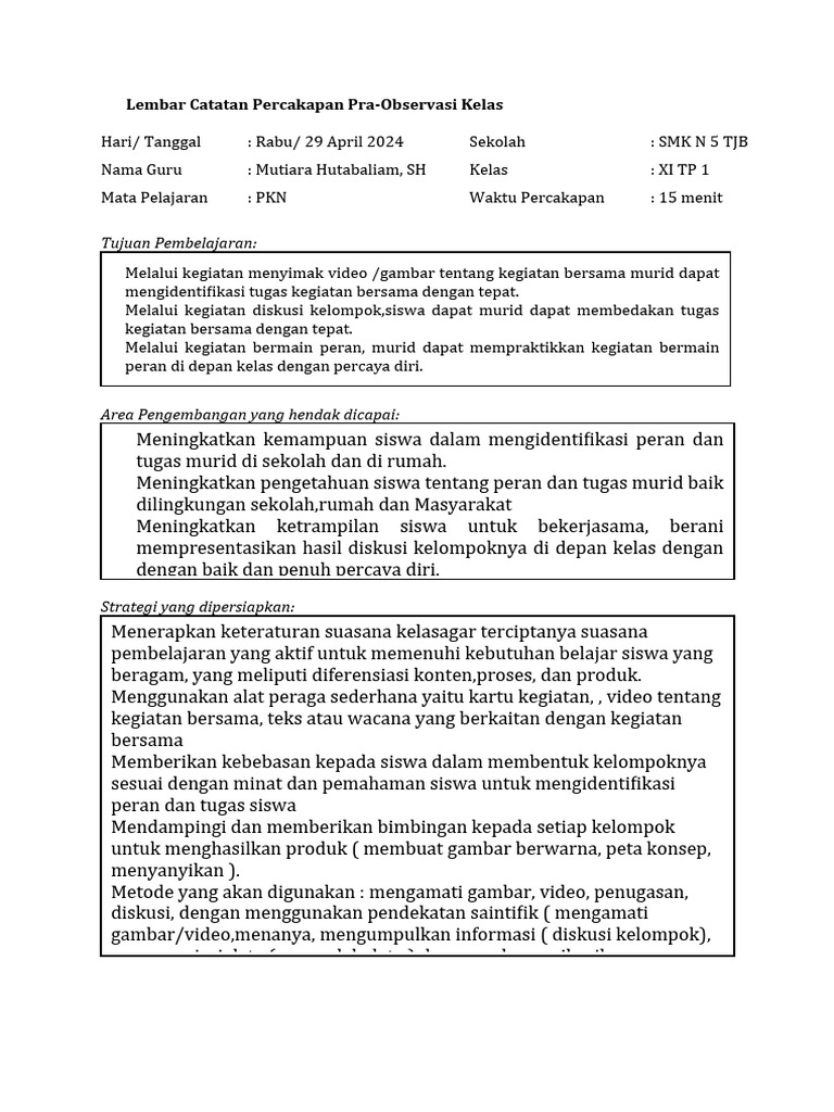 1 - Lembar Catatan Percakapan Pra-Observasi Kelas - Docx EM | PDF