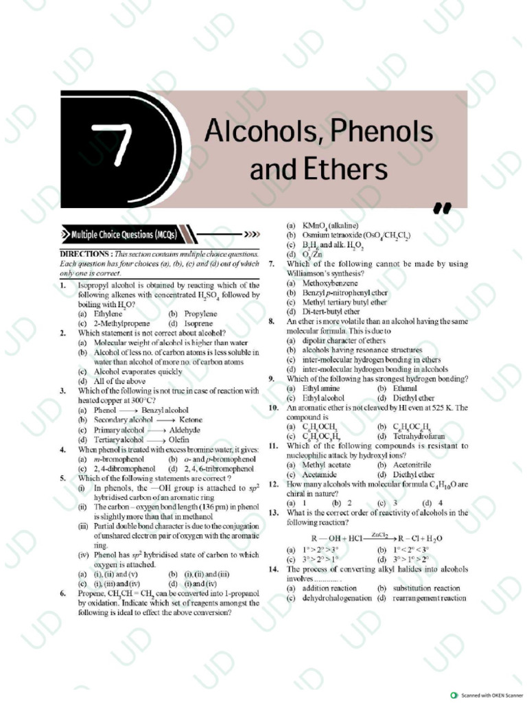 CHEMISTRY MCQ 7 Alcohols Phenols and Ethers | PDF
