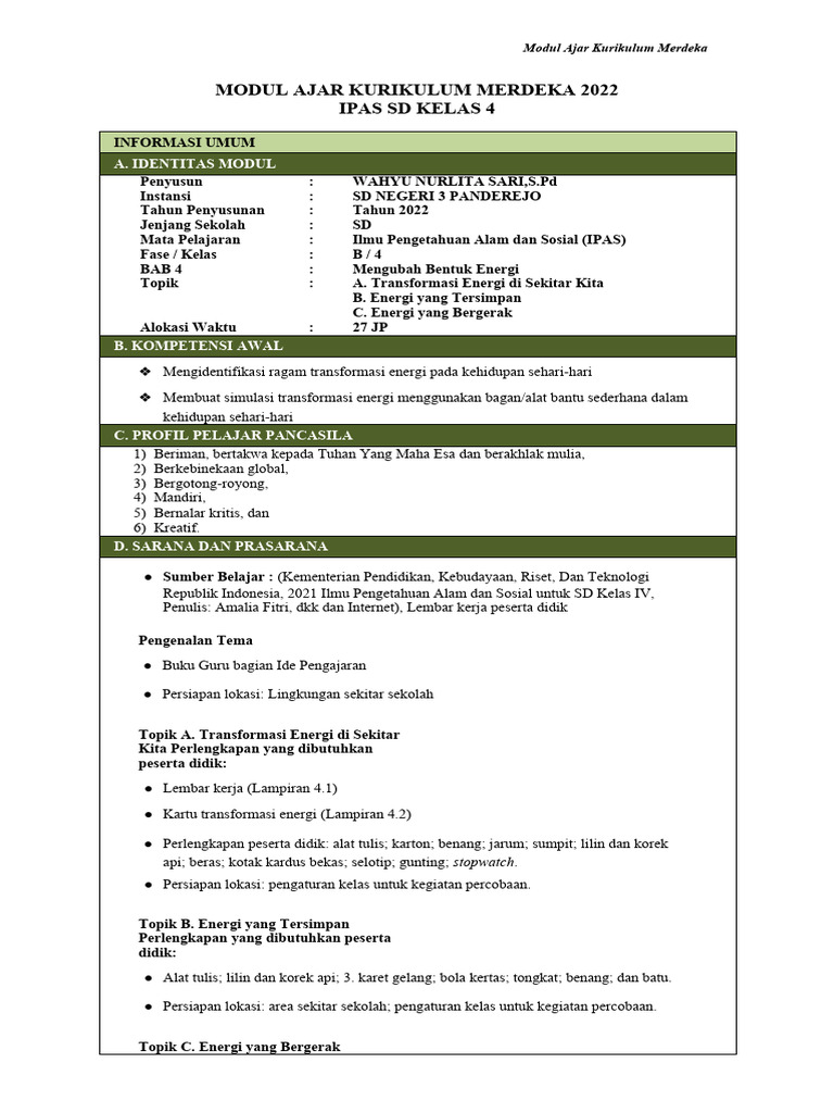 Modul Ajar Konservasi Energi Kelas 4 Pdf