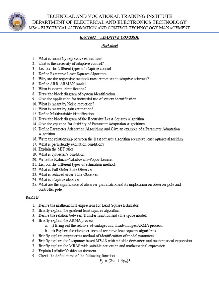 EACT631 Adaptive Worksheetv1 | PDF | Least Squares | Control Theory