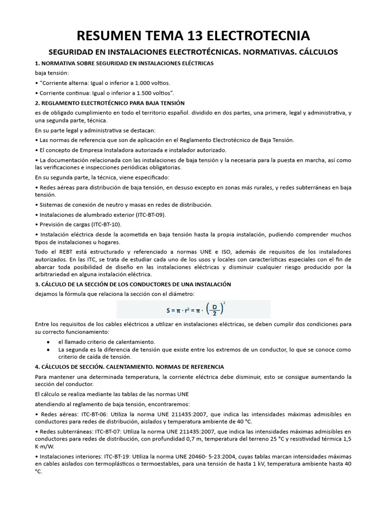 Resumen Tema 13 Electrotecnia - 101750 | PDF | Cableado eléctrico | Corriente eléctrica