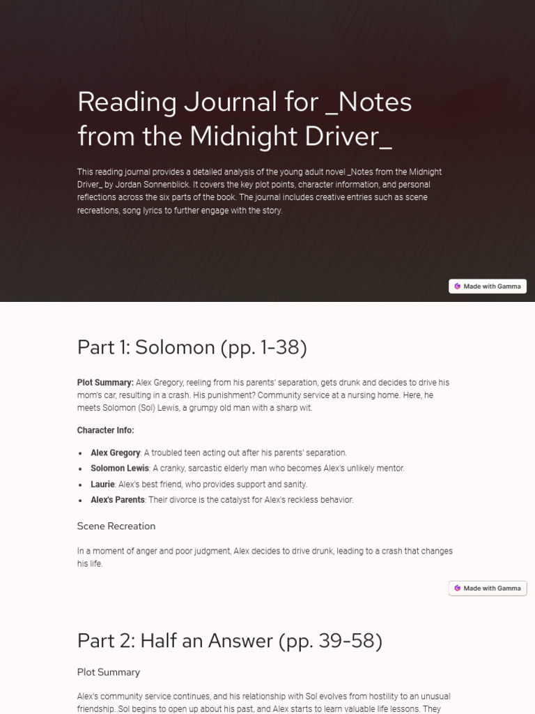 Reading Journal For Notes From The Midnight Driver | PDF | Behavioural ...